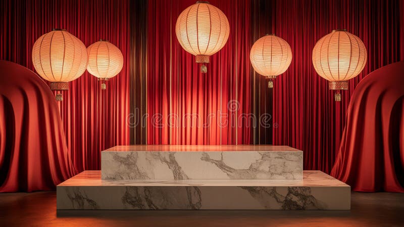 Marble Display Platform with Red Curtains and Hanging Lanterns Stock ...