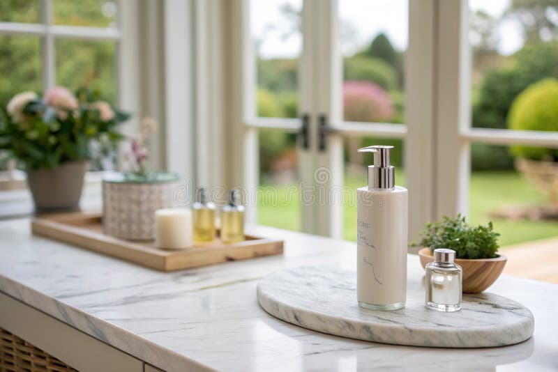 Marble Display Table with Garden View Background Stock Image - Image of ...