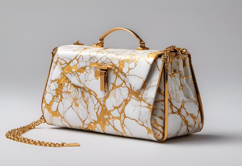 A Marble Effect Bag with Gold Chain Handles and a White and Gold Bag ...