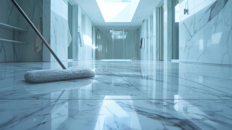 Marble Floor Being Cleaned with a Mop in a Modern Interior. Stock Photo ...
