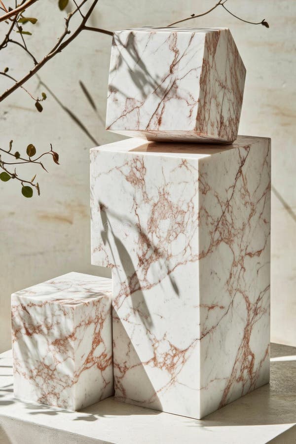 Marble Geometric Sculptures on Sleek Metal Surface with Subtle Lighting ...