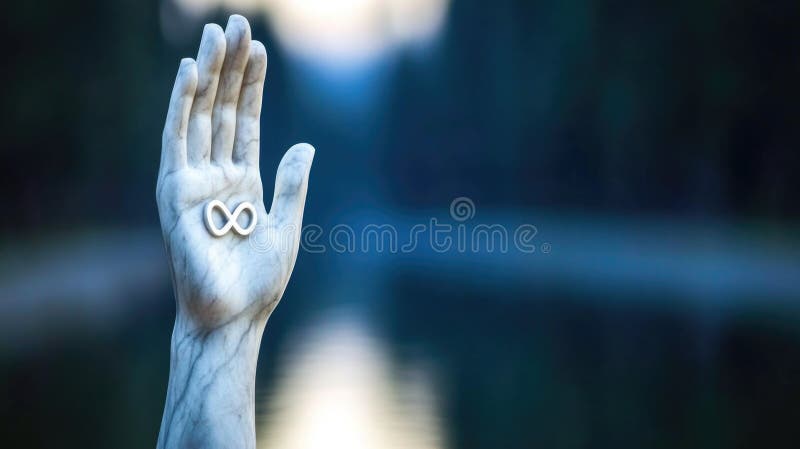 Marble Hand Holding Infinity Symbol Against Blurred Lake and Forest ...