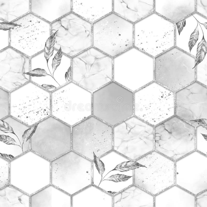 Marble Hexagon Seamless Texture with Silver Leaves. Abstract Background ...