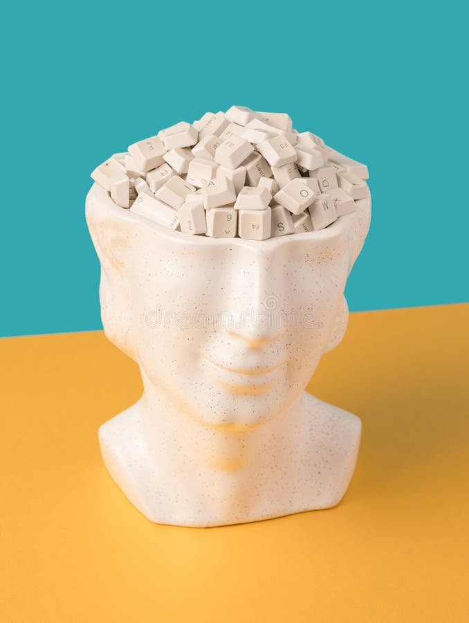 Marble Human Head Full of Retro Keyboard Keys on a Two Tone Background ...