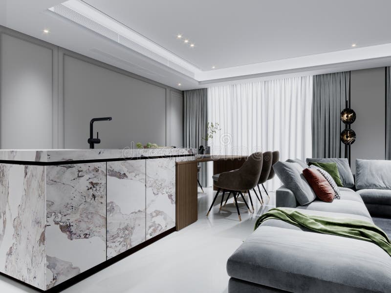 Marble Kitchen Island in Living Room with Dining Table and Chairs Stock ...