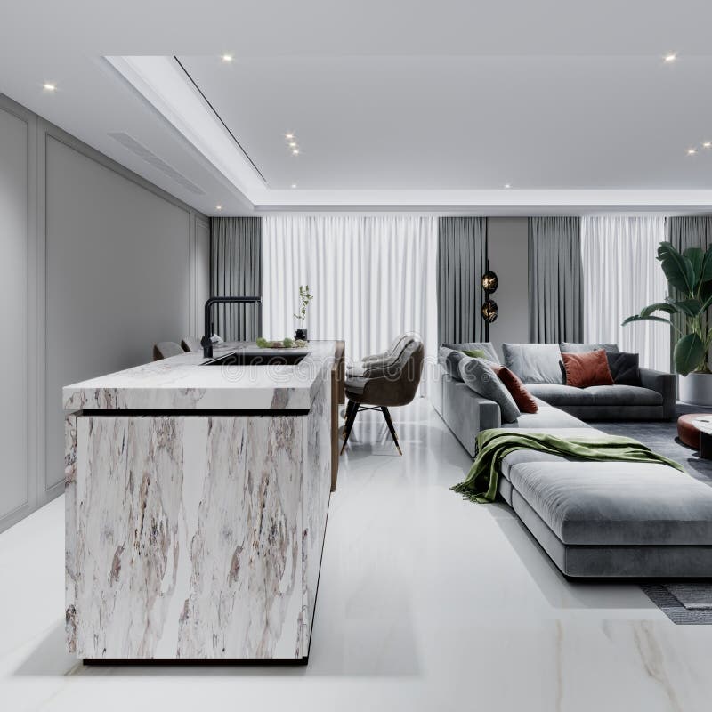 Marble Kitchen Island in Living Room with Dining Table and Chairs Stock ...