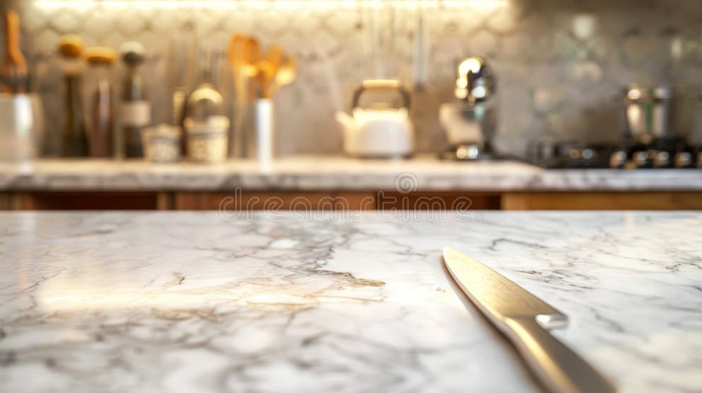 Marble Kitchen Table Surface with Blurred Kitchen Wall, Knives, Dishes ...