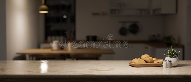 Marble Kitchen Tabletop with Copy Space Over Blurred Modern Kitchen ...