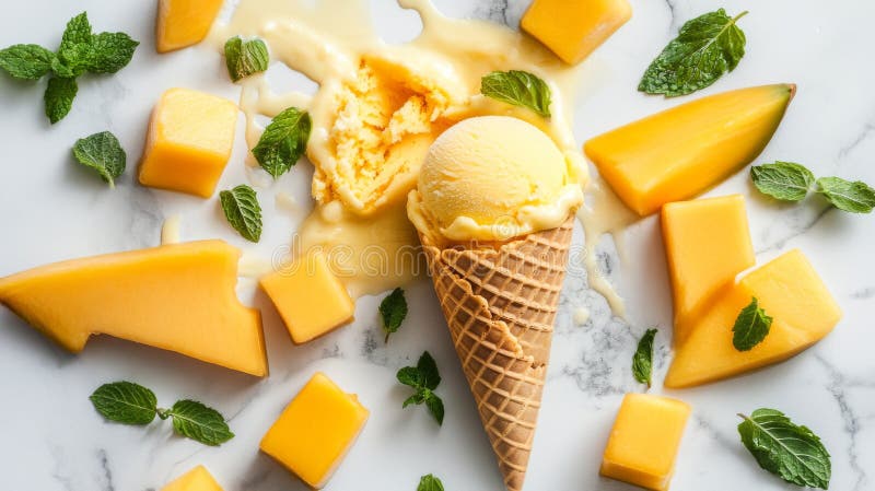 On Marble, a Melting Mango Ice Cream Cone Sits Alongside Mint Leaves ...