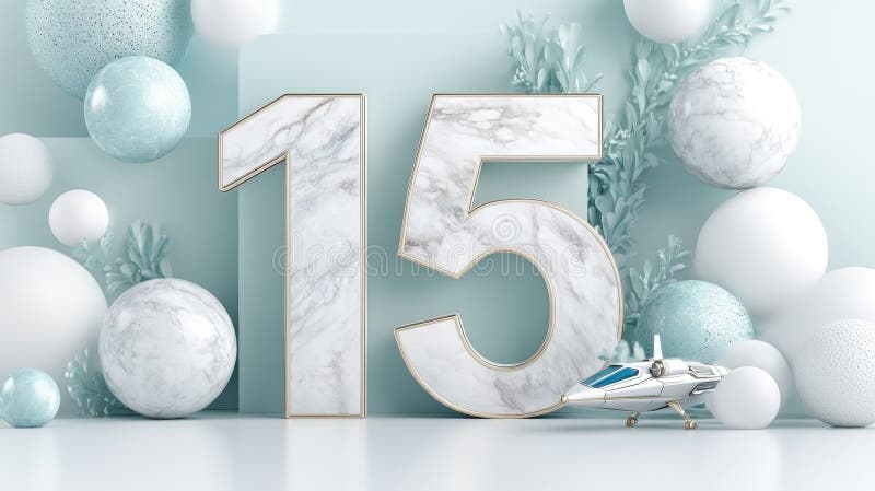 A Marble Number "15" with White and Blue Balloons and Decorative Plants ...