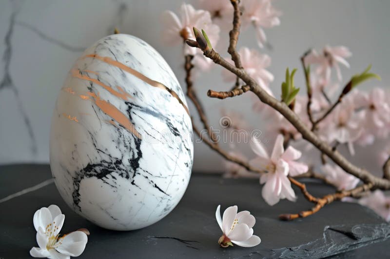 Marble Patterned Easter Egg with Rose Gold Veins beside Blossoming ...