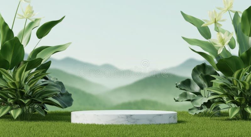 Marble Platform Amidst Lush Greenery with Mountain View and Clear Sky ...