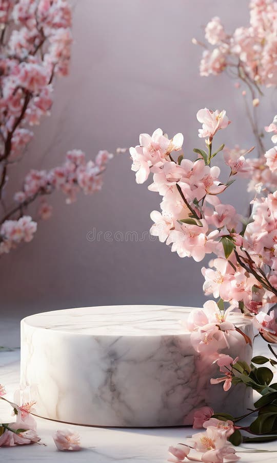Marble Podium, Spring Blossom Flowers, Soft Dreamy Lighting, Elegant ...