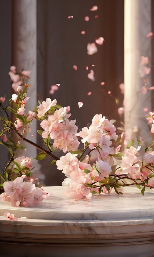 Marble Podium, Spring Blossom Flowers, Soft Dreamy Lighting, Elegant ...