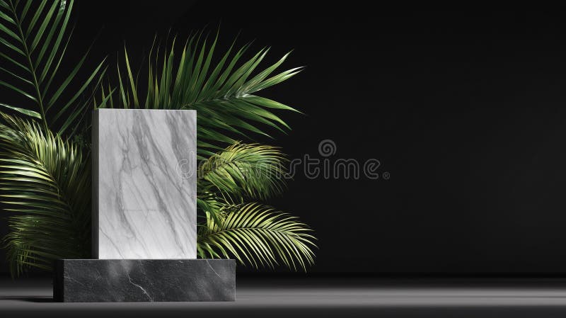 Marble Podium Stand, Palm Leaves, Black Background Stock Illustration ...