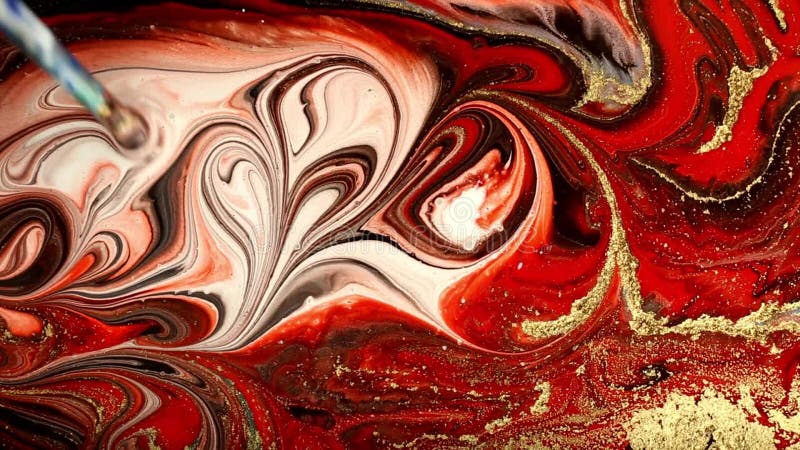 Marble Psychedelic Movement. Red and Gold Marbled Pattern Making. Fluid ...