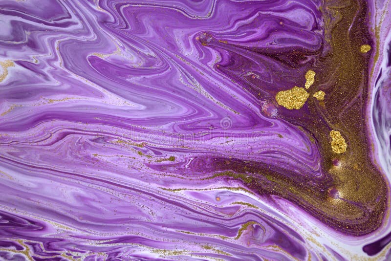 Marble Purple Acrylic Texture with Gold Glitter. Close Up Liquid Ink ...