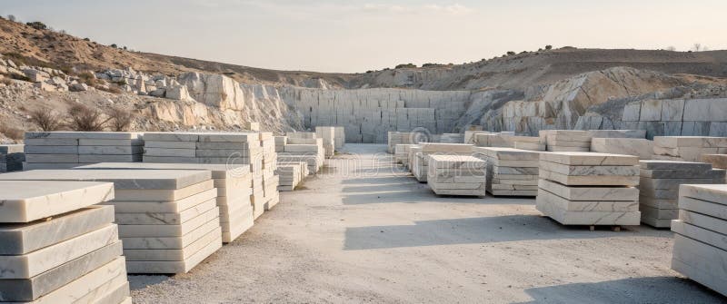 Marble Quarry with Stacks of Cut Stone Slabs Amidst Rocky Landscape ...
