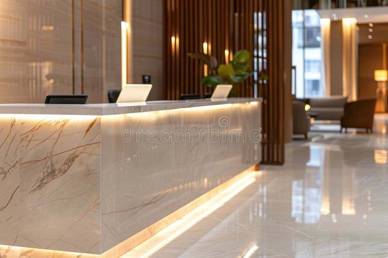 A Marble Reception Counter in a Luxurious Hotel Lobby Setting Stock ...