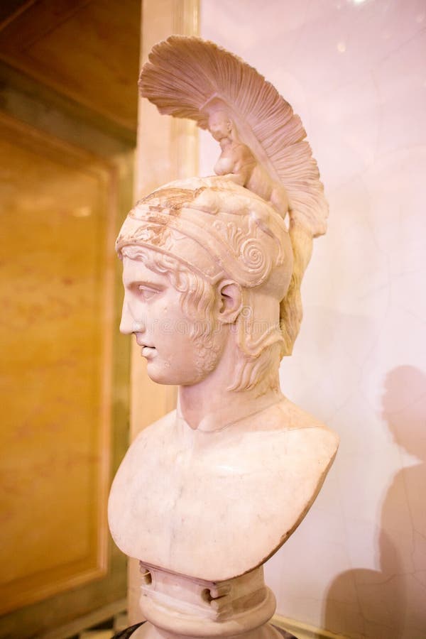 Marble Sculpture of the Head of the God of War Ares in a Helmet in the ...
