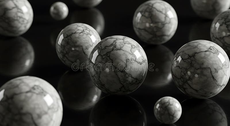 Marble Spheres Floating on Reflective Black Surface with Glossy Finish ...