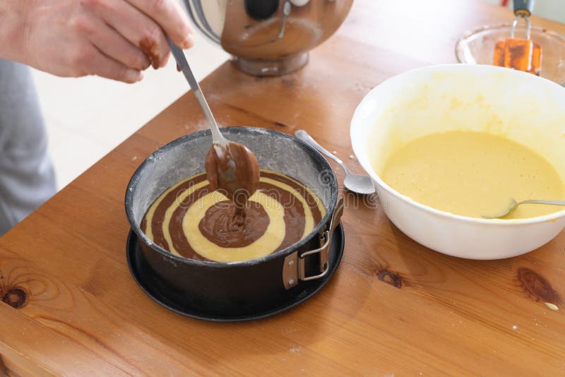 Marble Sponge Cake Elaboration Process. Copy Space. Pastry Stock Image ...