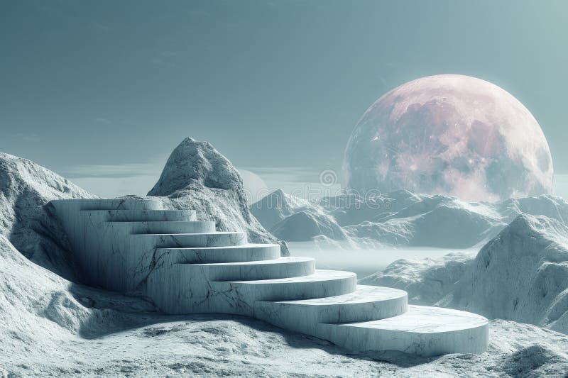 Marble Staircase on Alien Planet with Large Pink Moon Stock ...