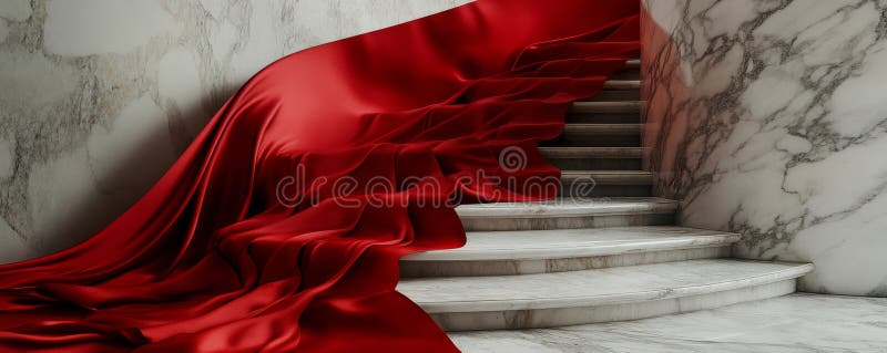 Marble Staircase with Flowing Red Silk Drape, Elegant Interior Design ...