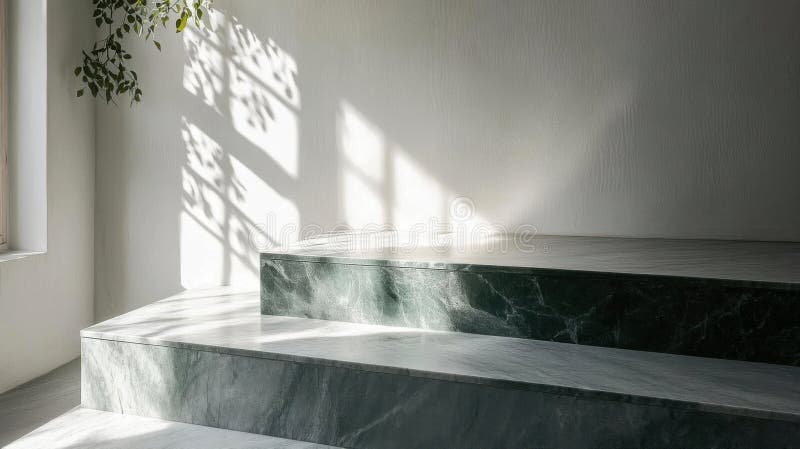 Marble Stairs Gleam in Sunlight with Shadow Patterns and Interior ...
