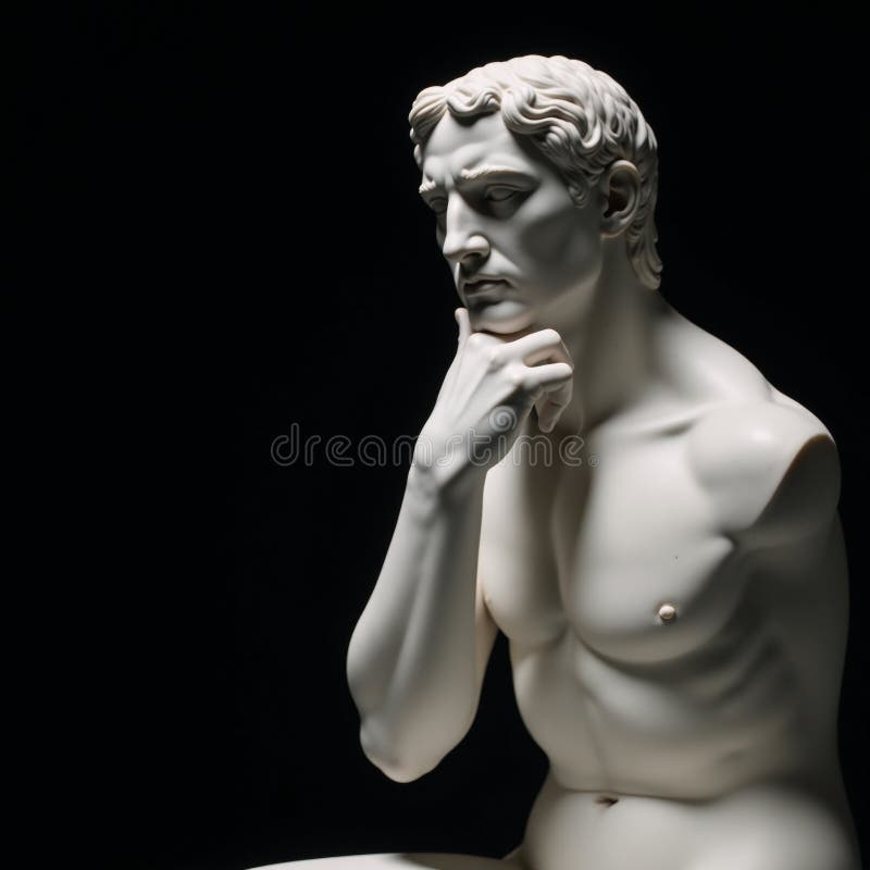 Marble Statue Depicting a Contemplative Figure on Dark Backdrop Evoking ...