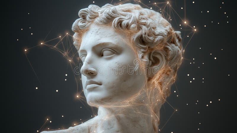Marble Statue with Digital Light Effects and Connected Lines, Creating ...