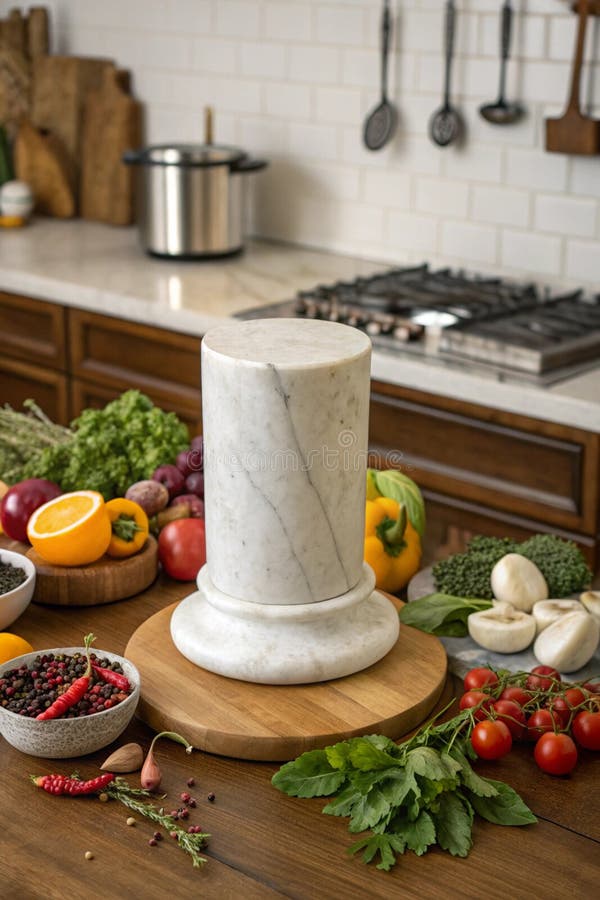 Marble Stone Stand on Kitchen Table with Various Food Ingredients Stock ...