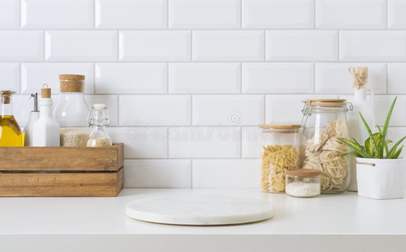 Marble Stone Stand on Kitchen Table with Various Food Ingredients Stock ...