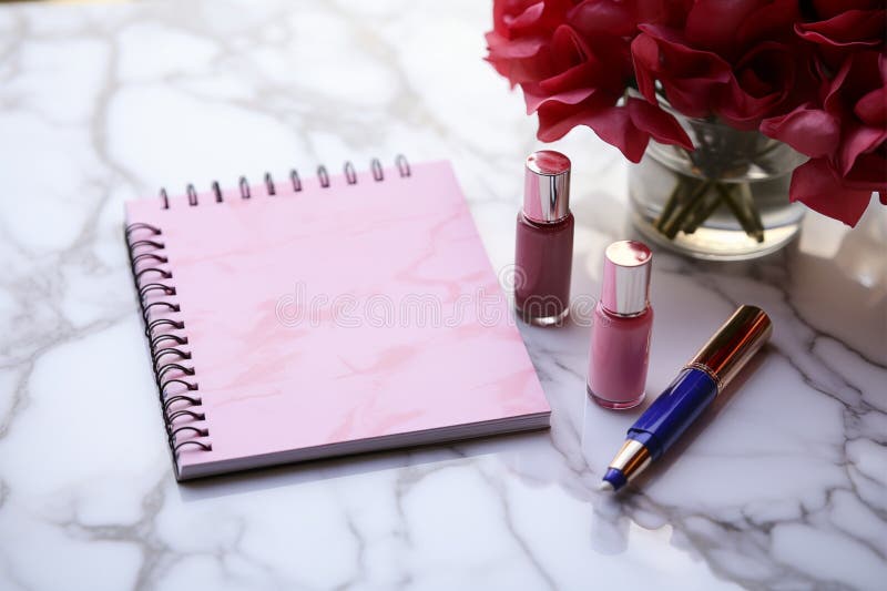 Marble Surface Adorned with Notepad, Pen, and Vibrant Nail Polish Stock ...