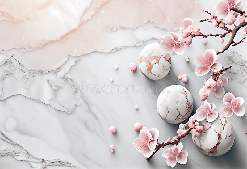 Marble Surface with Blooming Pink Spring Sakura Cherry Tree Branches ...