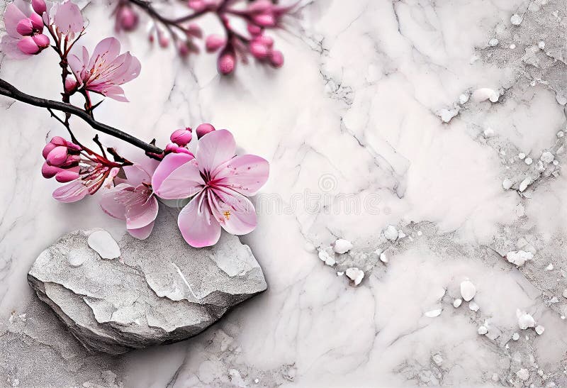 Marble Surface with Blooming Pink Spring Sakura Cherry Tree Branches ...