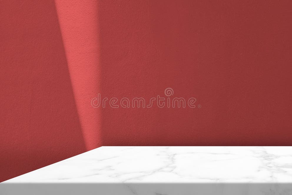Marble Table with Light Beam and Shadow on Red Wall Background Stock ...