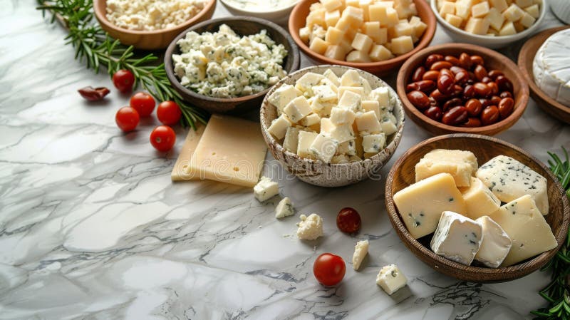 Marble Table with Various Types of Cheese Stock Image - Image of blue ...