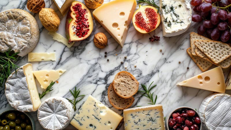 Marble Table with Various Types of Cheese Stock Image - Image of spread ...