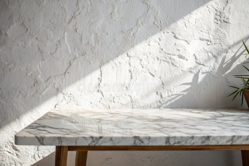Marble Table with White Stucco Wall and Light Beams Stock Illustration ...