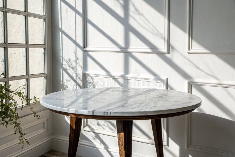Marble Table with Window Shadow Drop on White Wall Background for ...