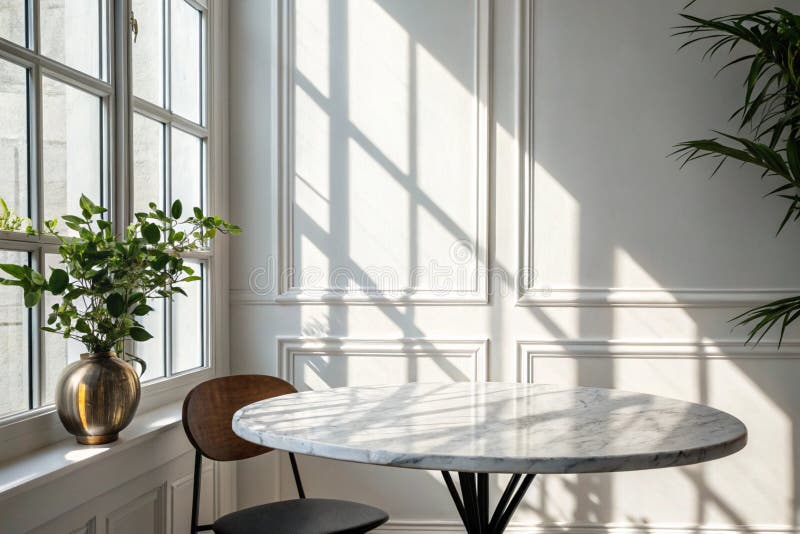 Marble Table with Window Shadow Drop on White Wall Background for ...