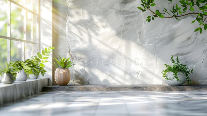 Marble Texture Background with Large Windows and Plants Stock ...