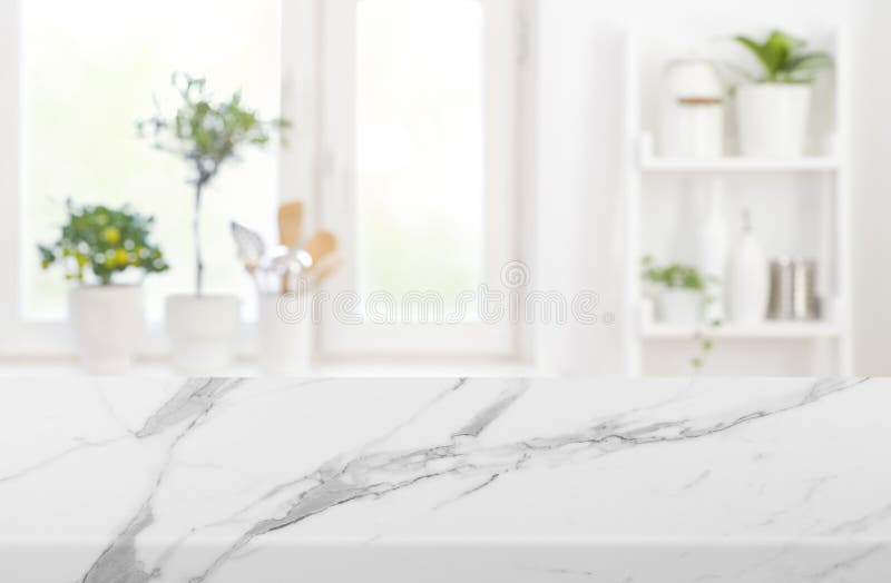 Marble Texture Table Top on Blurred Kitchen Window Interior Background ...
