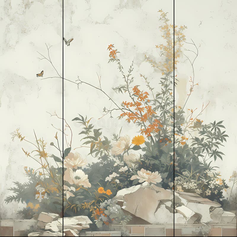 Marble Textured Wall Panel with Floral and Butterfly Illustration Stock ...