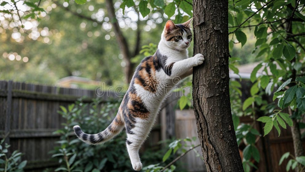 Marbled Cat Climbing Tree Limb in Dense Backyard Fringe Stock ...