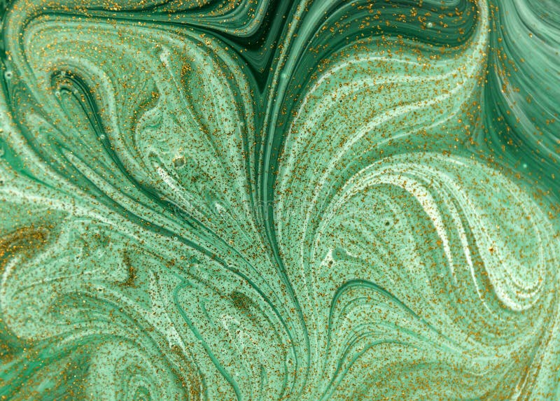 Marbled Green Abstract Background with Golden Sequins. Liquid Marble ...