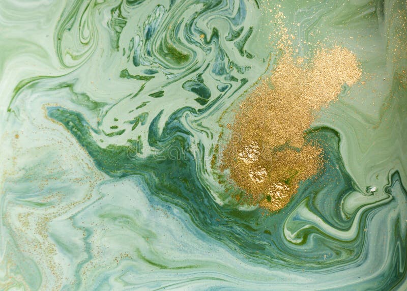 Marbled Green and Golden Abstract Background. Liquid Marble Pattern ...