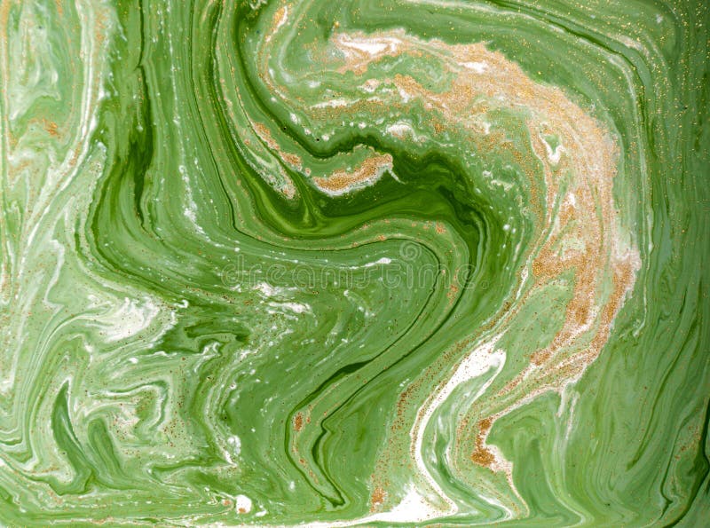 Marbled Green and Golden Abstract Background. Liquid Marble Pattern ...