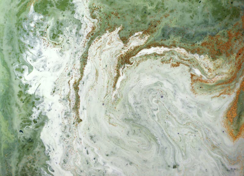 Marbled Green and Golden Abstract Background. Liquid Marble Pattern ...